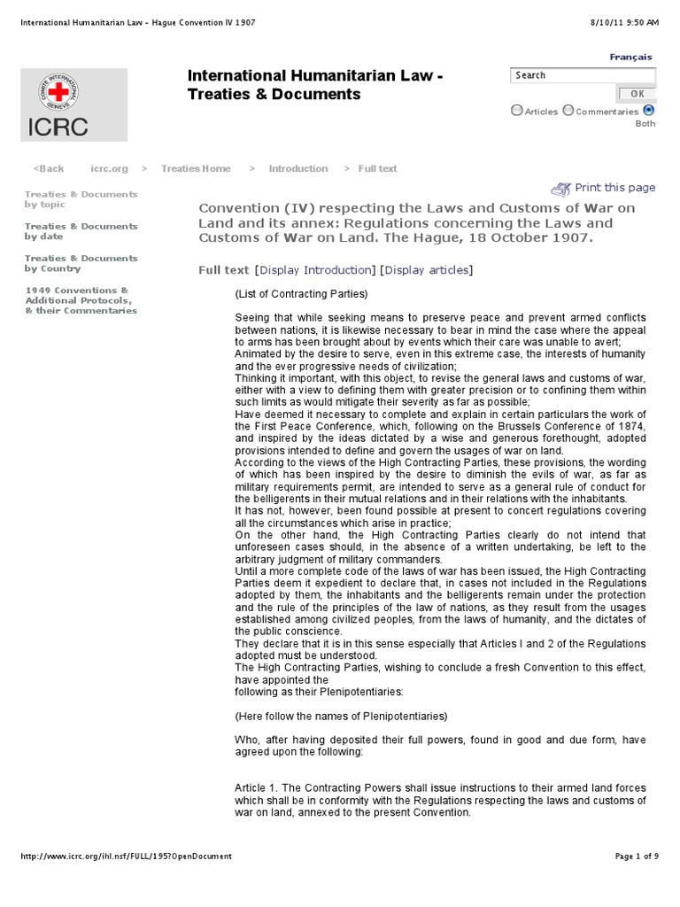 The Hague Convention of 1907 | Prisoner Of War | Law Of War