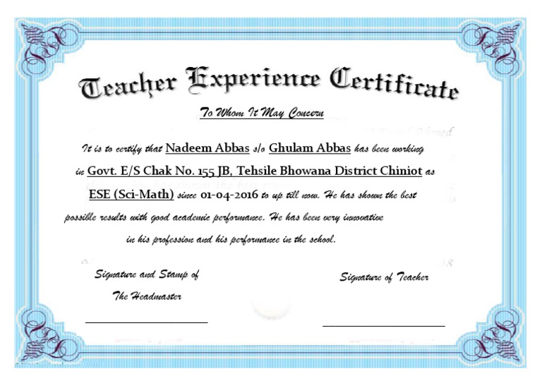 Teacher Experience Certificate | PDF | Career & Growth | Wellness