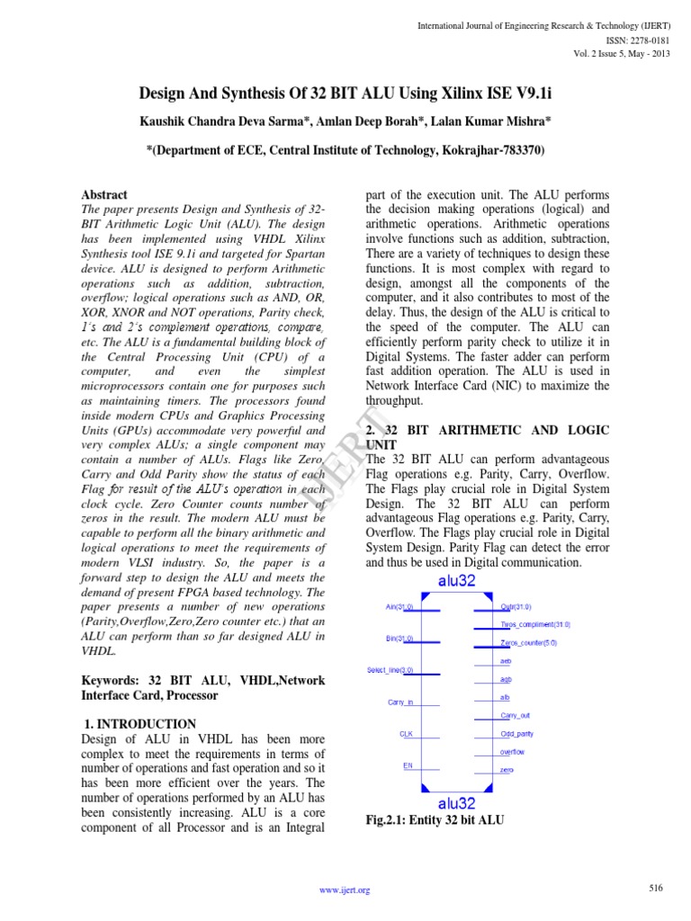 Design of 32 Bit Alu Ijert Paper | PDF | Central Processing Unit | Vhdl