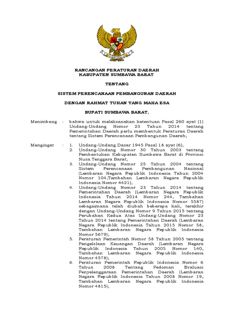 Draf Rancangan Perda Sistem Perencanaan Pembangunan Daerah | PDF