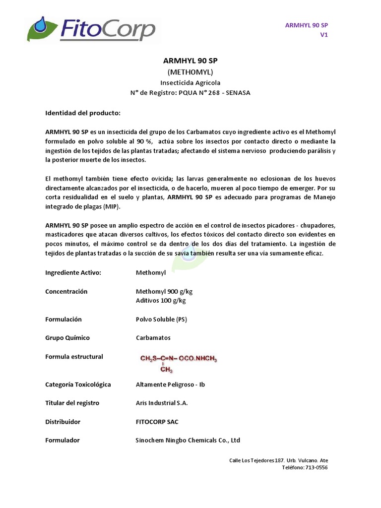 Ficha Tecnica Methomyl en Polvo | Insecticida | Insectos