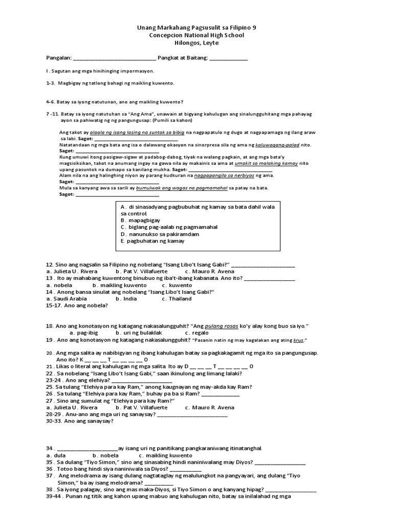 Unang Markahang Pagsusulit Sa Filipino 9 | PDF