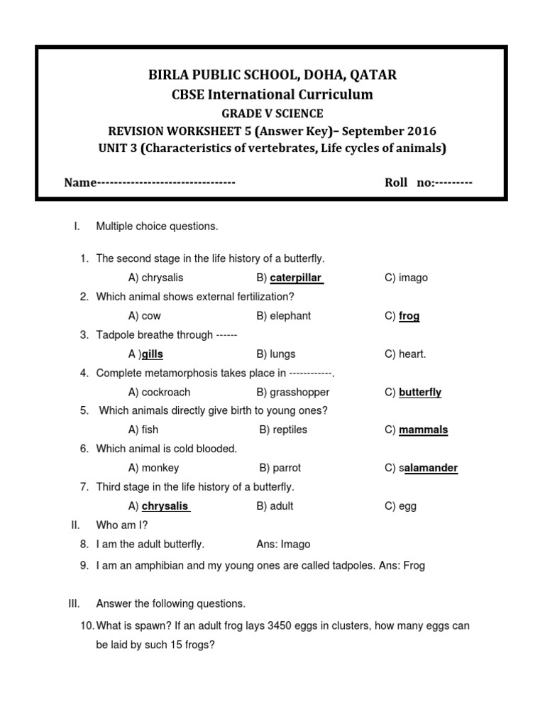 Grade V Sciece Revision Worksheet 5 Answer Key | PDF | Frog | Egg