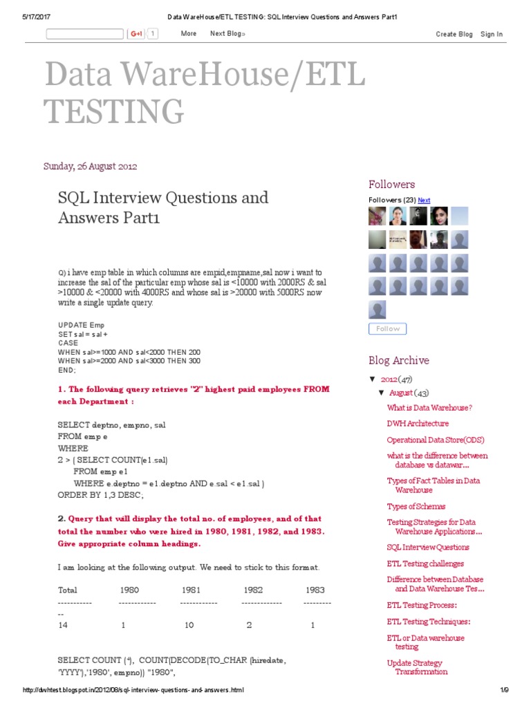 Data WareHouse - ETL TESTING - SQL Interview Questions and Answers ...