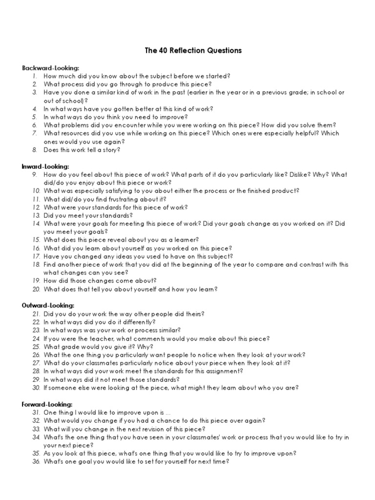 The 40 Reflection Questions: Out of School) ? | PDF | Cognition ...