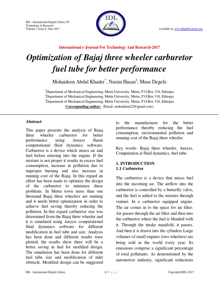 Optimization of Bajaj Three Wheeler Carburetor Fuel Tube For Better Performance | PDF ...