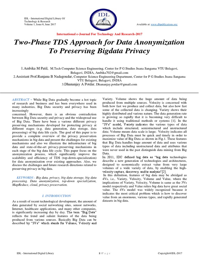 Two Phase Tds Approach For Data Anonymization To Preserving Bigdata Privacy Download Free Pdf