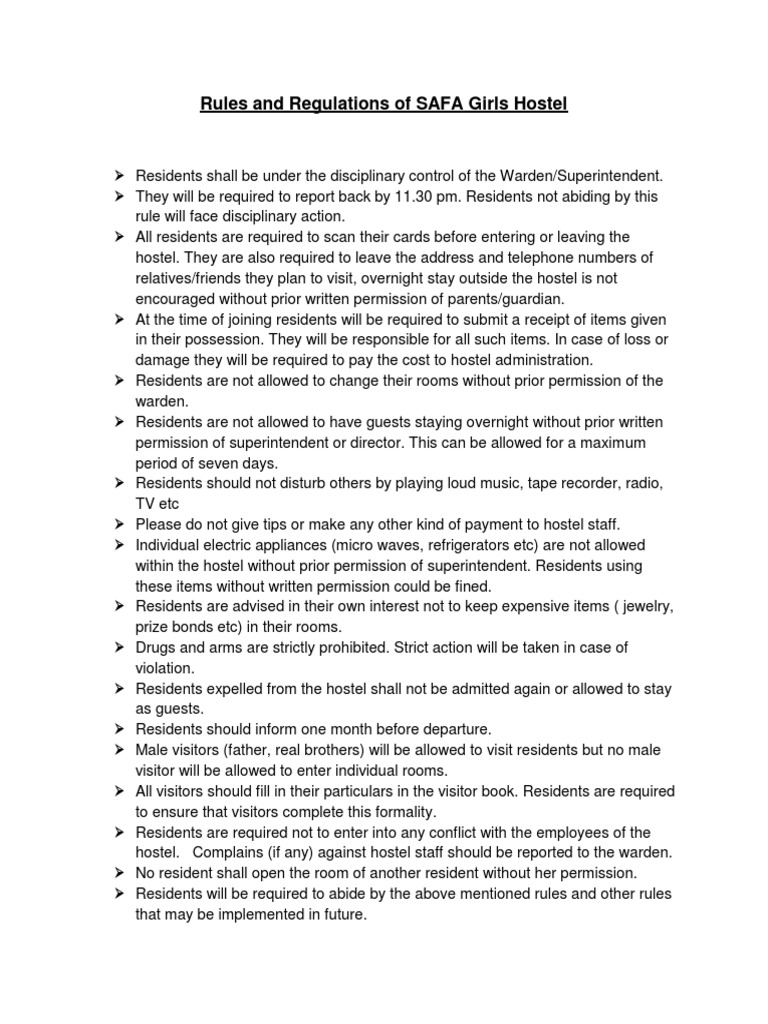 SAFA Girls Hostel Rules and Regulations | PDF | Government | Business