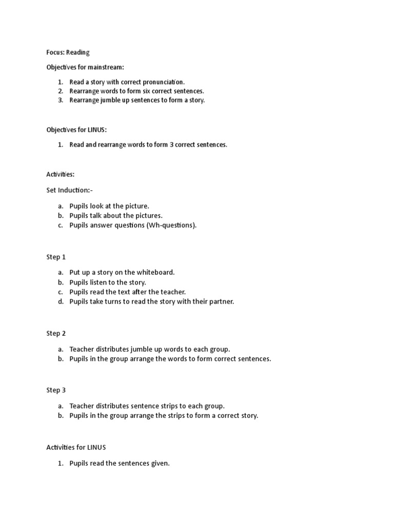 Lesson Plan KSSR - English Language Reading LINUS | PDF | Question ...