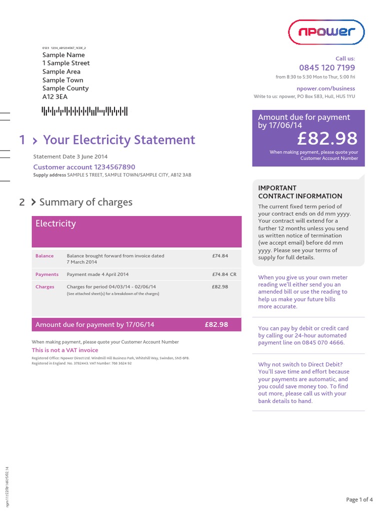 Npower Example Bill | Invoice | Payments