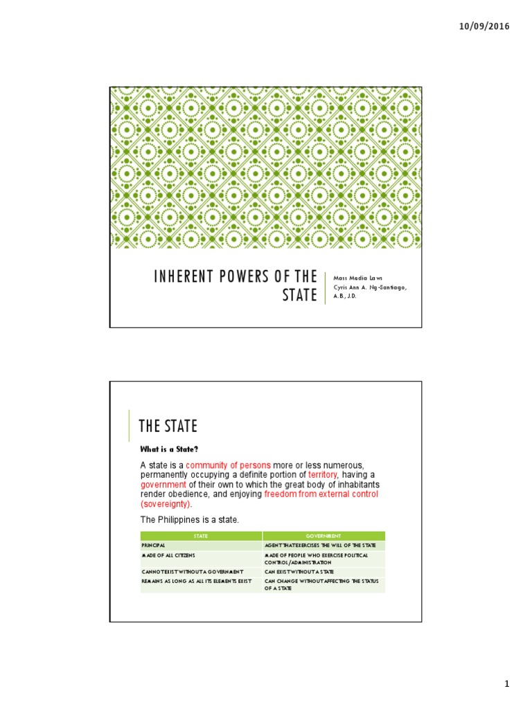 Inherent Powers of The State | PDF | Eminent Domain | Sovereignty