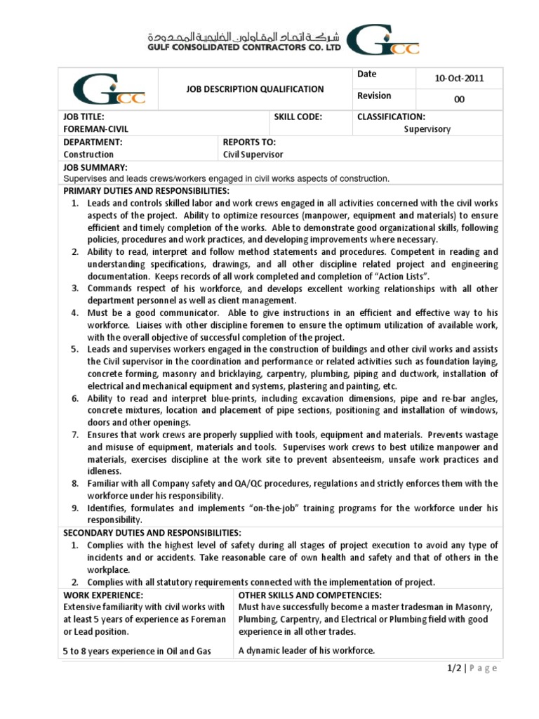 Foreman - Civil | PDF | Professional Certification | Occupational ...