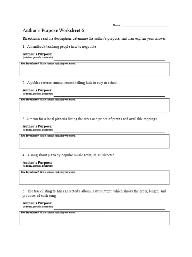 Authors Purpose Worksheet 6 | PDF | Pizza | Leisure