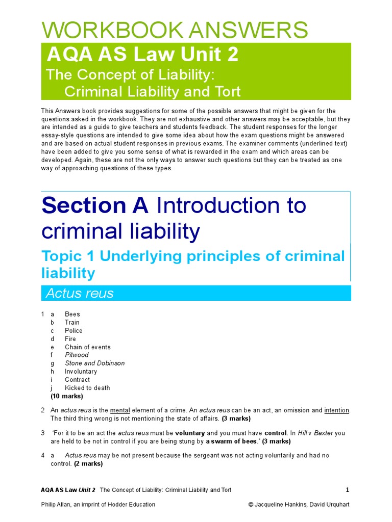 Law AQA AS Unit 2 Workbook Answers | PDF | Causation (Law) | Mens Rea