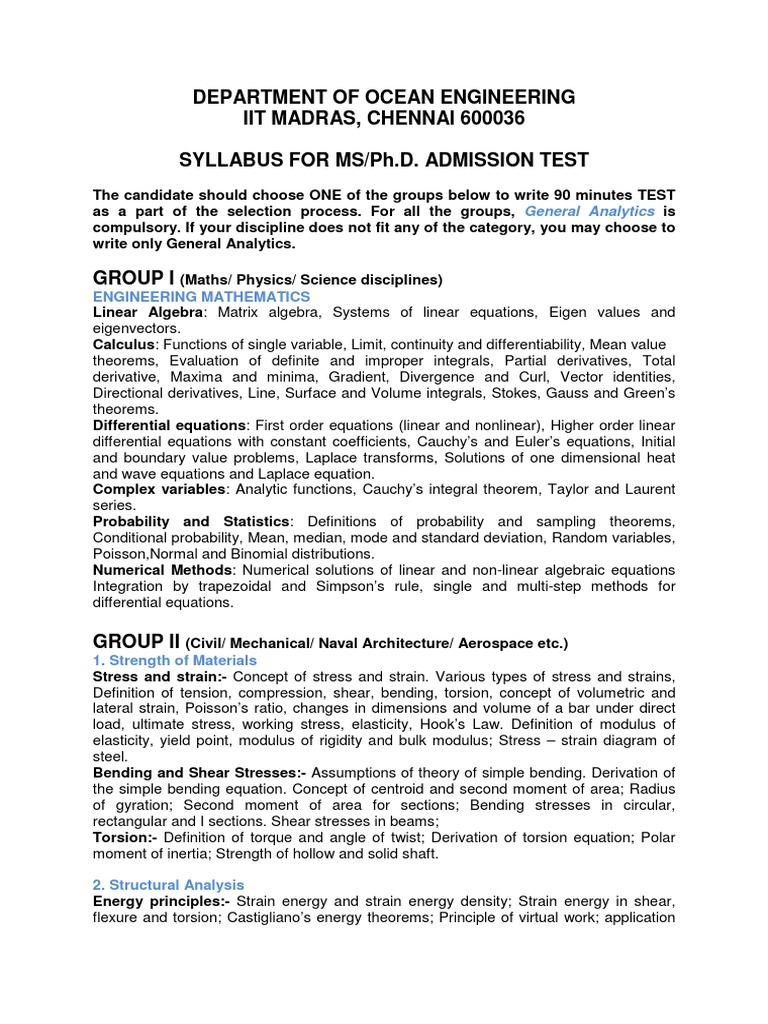 Department of Ocean Engineering Iit Madras, Chennai 600036 Syllabus For ...