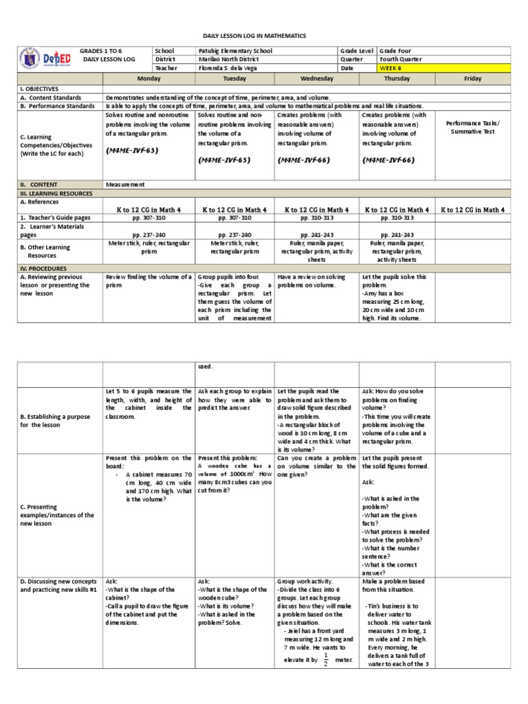 DLL Math Week 6 (4th Quarter) | PDF | Volume | Teaching Mathematics