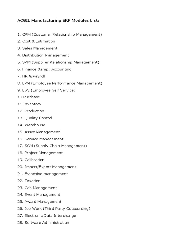 ACGIL Manufacturing ERP Modules Overview | PDF