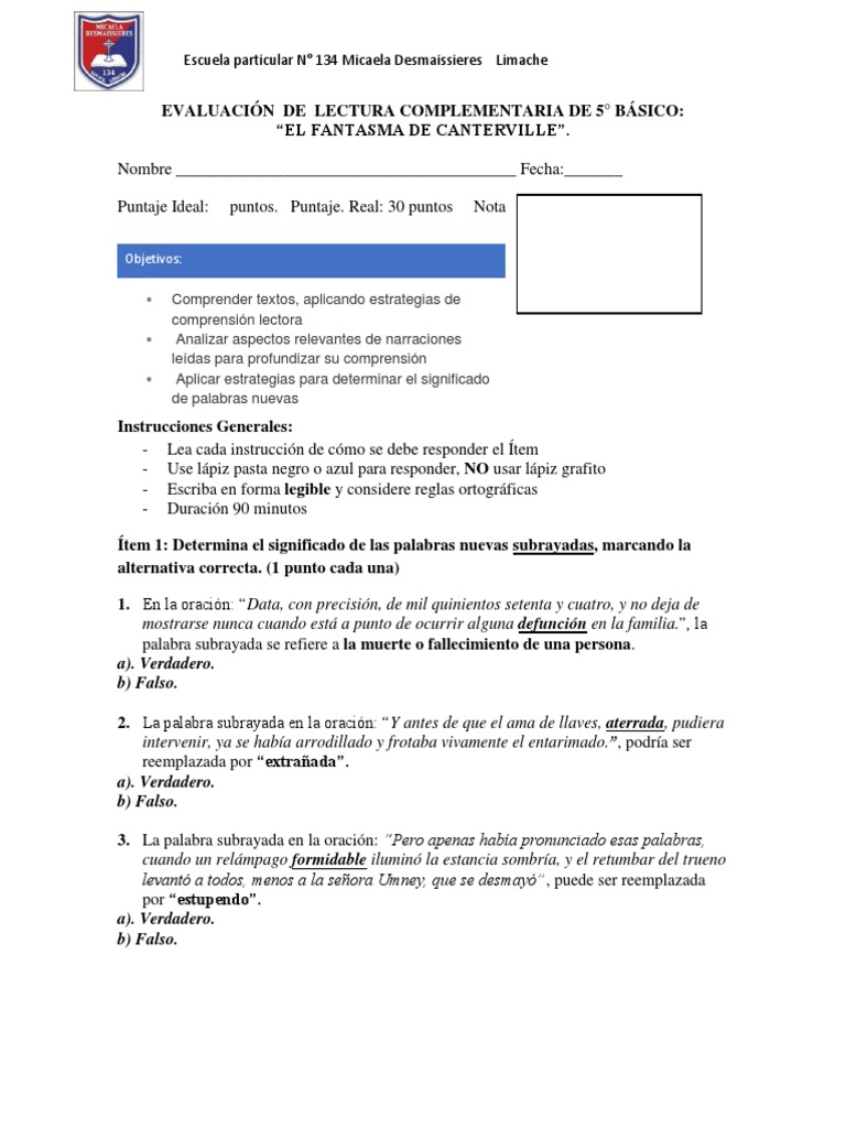 EVALUACIÓN DE LECTURA COMPLEMENTARIA Fantasma | PDF