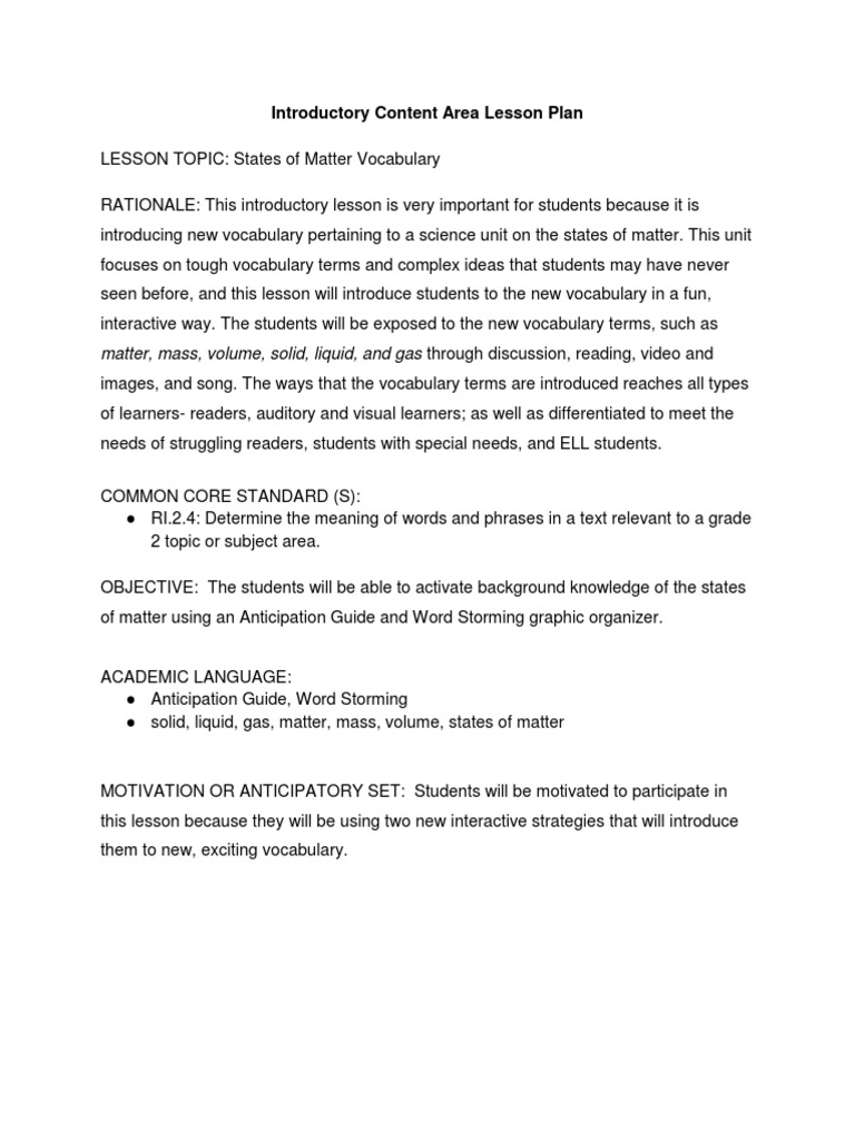 Introductory Content Area Lesson Plan | PDF | Reading Comprehension ...