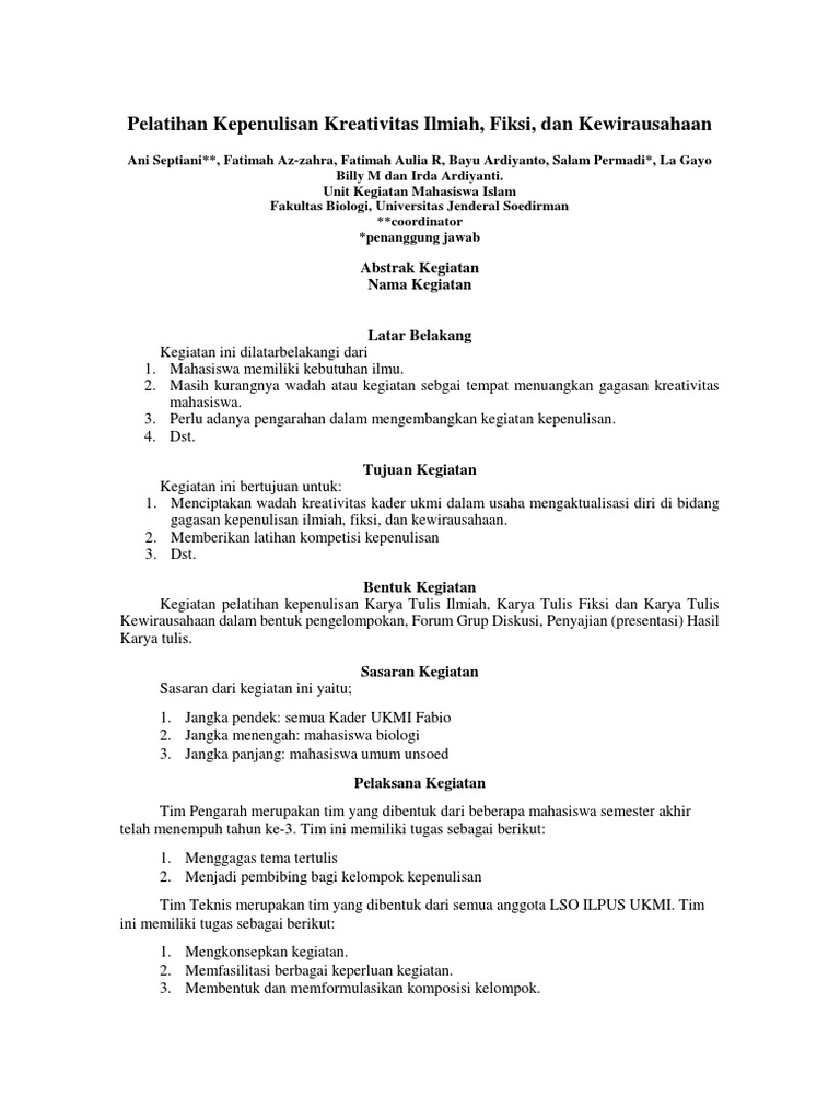 Contoh Konsep Tentatif Kegiatan Training Kepenulisan | PDF