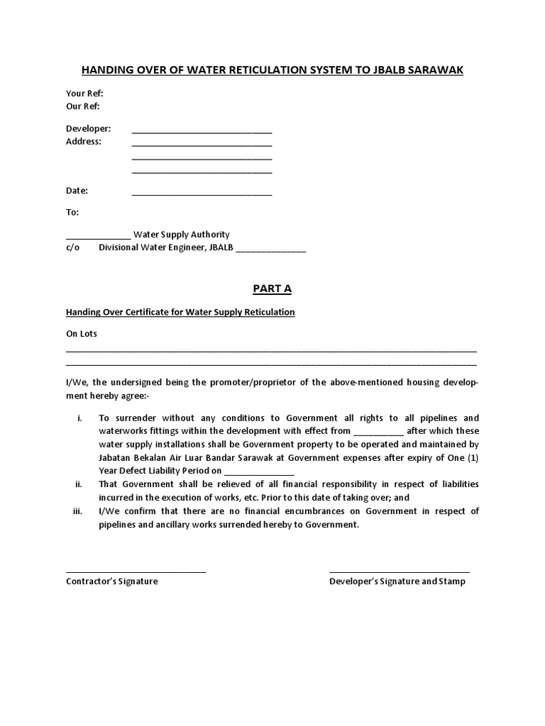 Handing Over Form For Water Reticulation Plans | PDF | Hydraulics ...