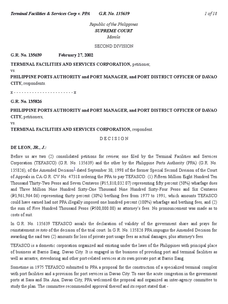 011-Terminal Facilities & Services Corp v. PPA, 378 SCRA 82 PDF | PDF ...