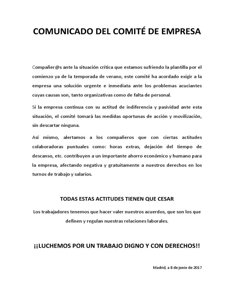 Comunicado Del Comite de Empresa 8-6-17 | PDF