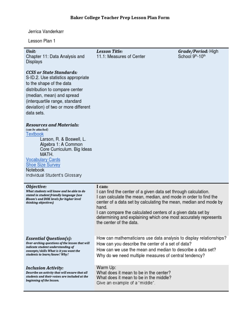 Unit: Lesson Title: Grade/Period:: Baker College Teacher Prep Lesson ... Unit: Lesson Title: Grade/Period:: Baker College Teacher Prep Lesson ...