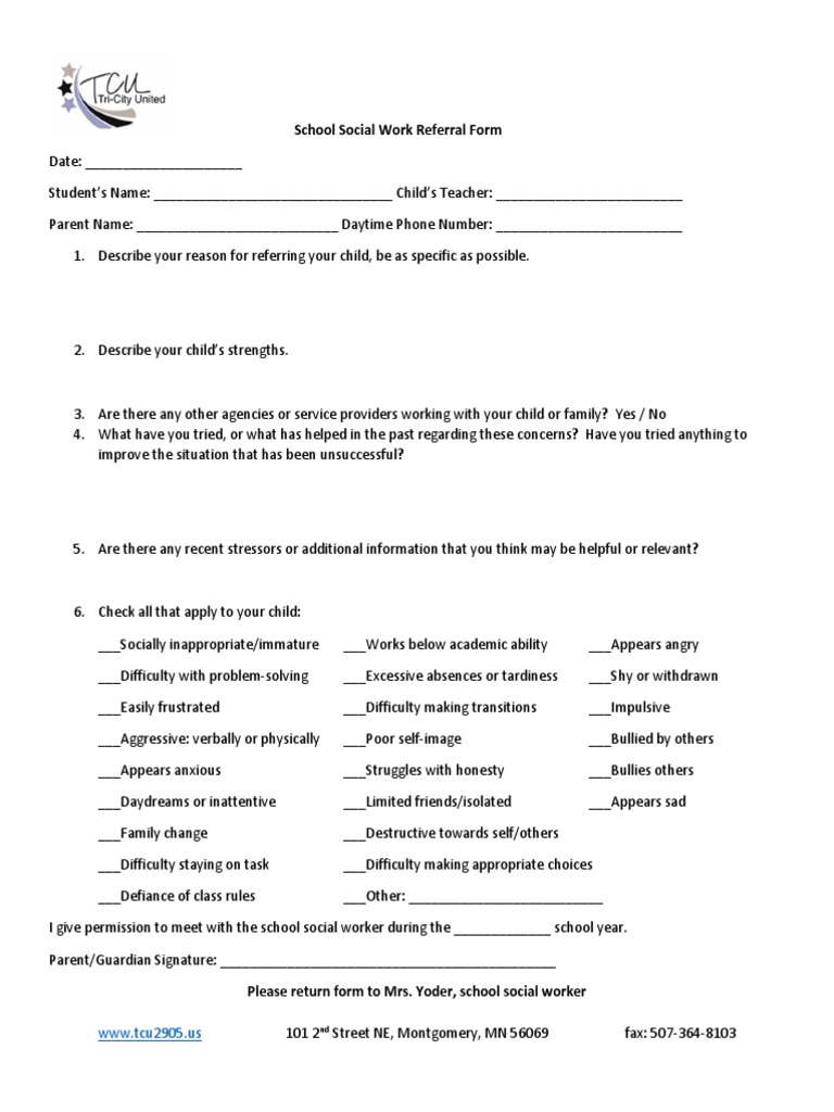 School Social Work Referral Form | PDF | Career & Growth | Wellness