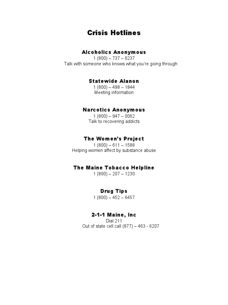 Crisis Hotlines | PDF | Substance Abuse | Substance Dependence