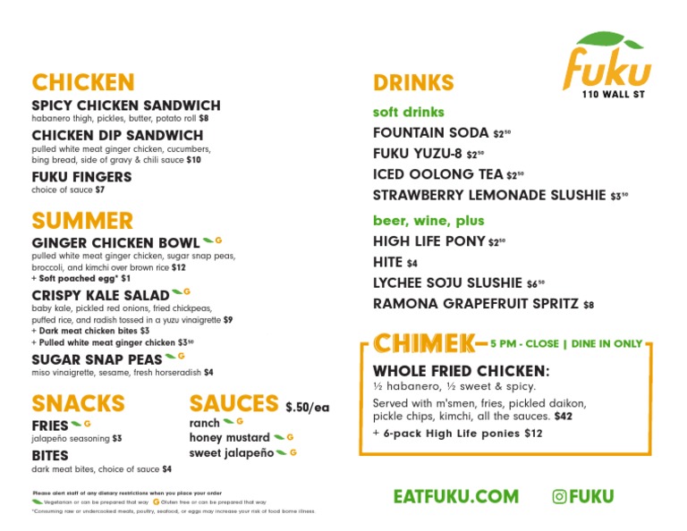 Fuku Menu | Pickling | French Fries