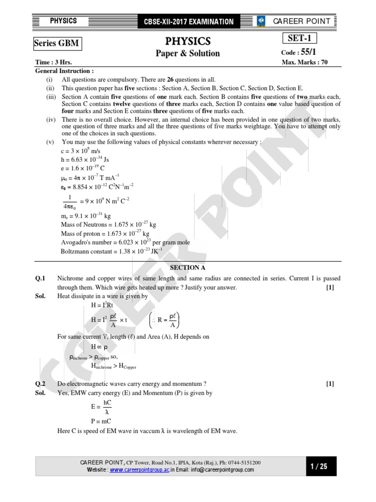 CBSE XII Physics Exam Paper & Solutions | PDF | Inductance ...