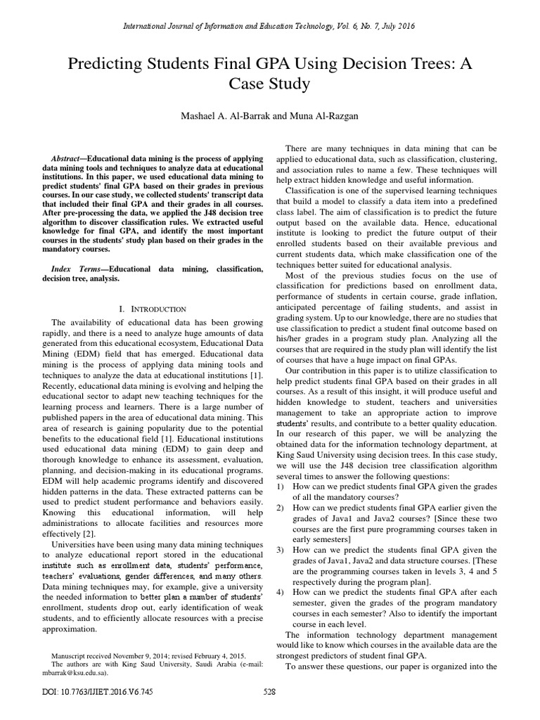 Predicting Students Final GPA Using Decision Trees: A Case Study | PDF | Statistical ...