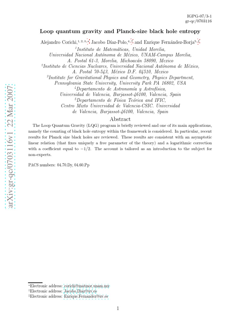 Loop Quantum Gravity and Planck-Size Black Hole Entropy: PACS Numbers: 04.70.dy, 04.60.Pp | PDF ...