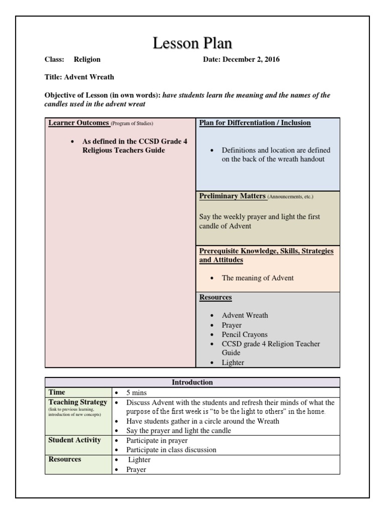 Advent Wreath Lesson Plan | PDF | Educational Assessment | Advent