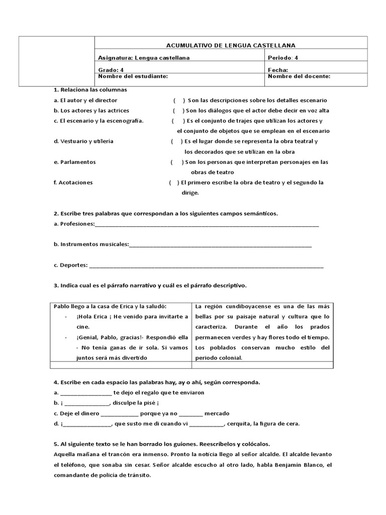 Acumulativo de Lengua Castellana Cuarto Periodo | PDF | Lingüística ...