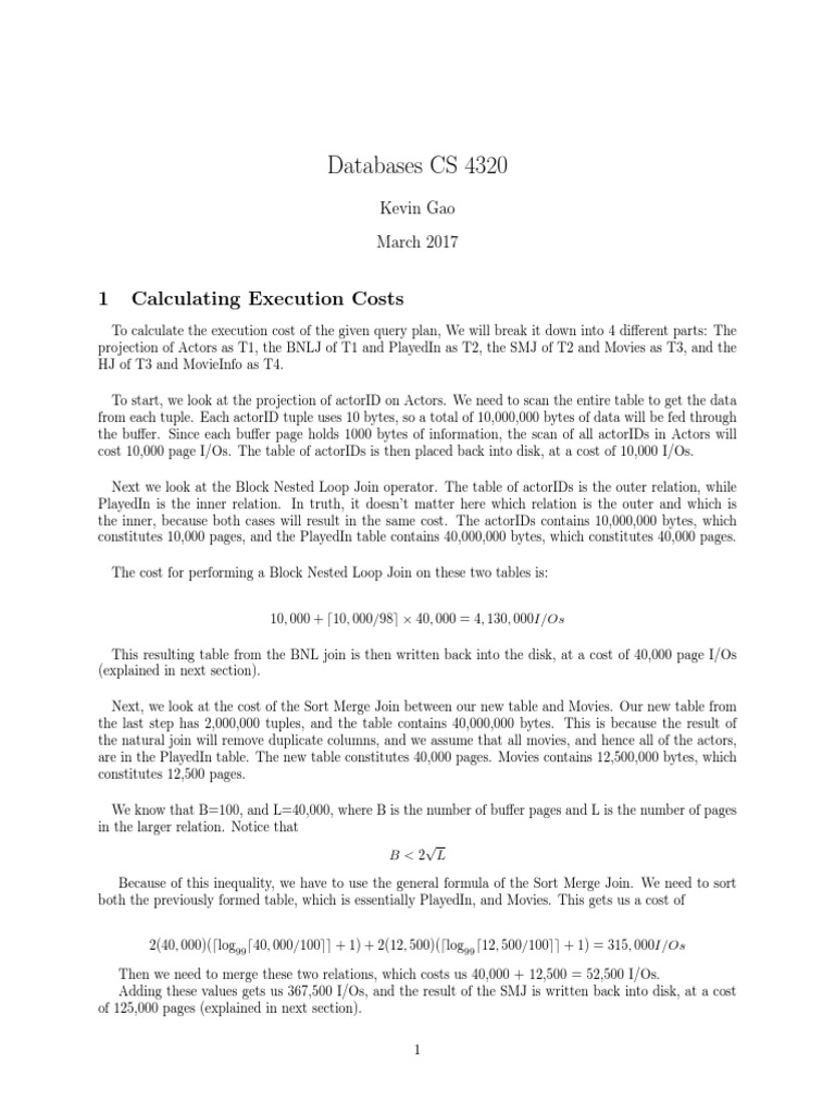 Databases CS 4320: 1 Calculating Execution Costs | PDF | Information ...