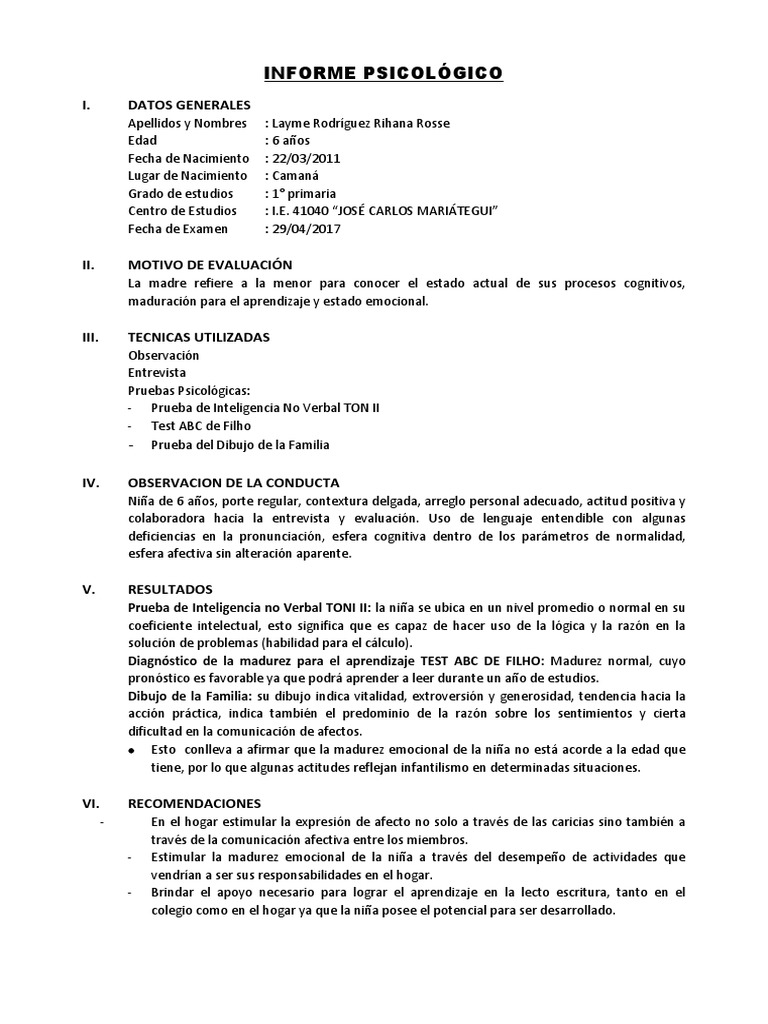 Informe Psicológico 2017 | Cociente de inteligencia | Aprendizaje