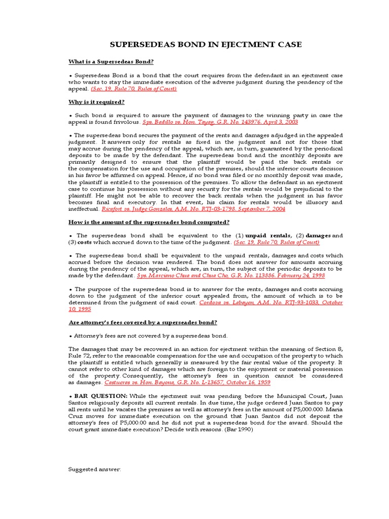 Supersedeas Bond in Ejectment Case | Supersedeas Bond | Judgment (Law)