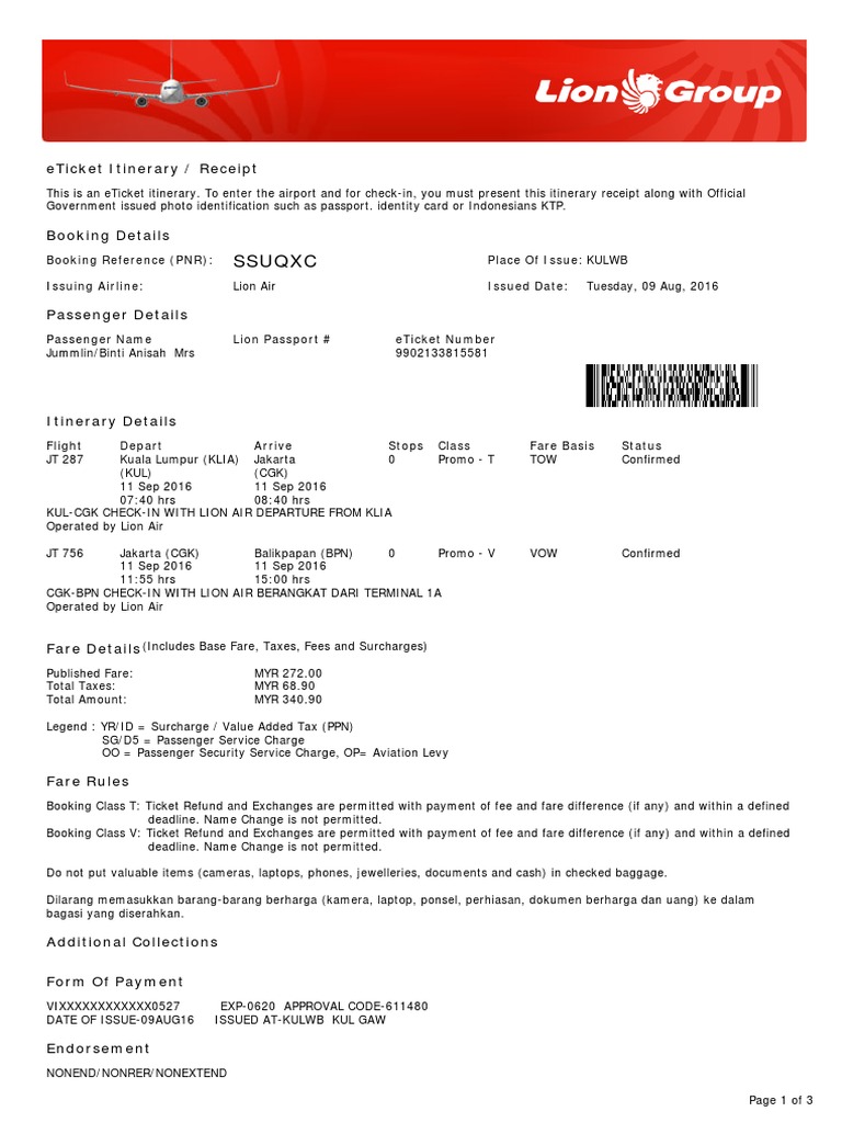 Lion Air eTicket Itinerary Details | PDF | Fee | Aviation