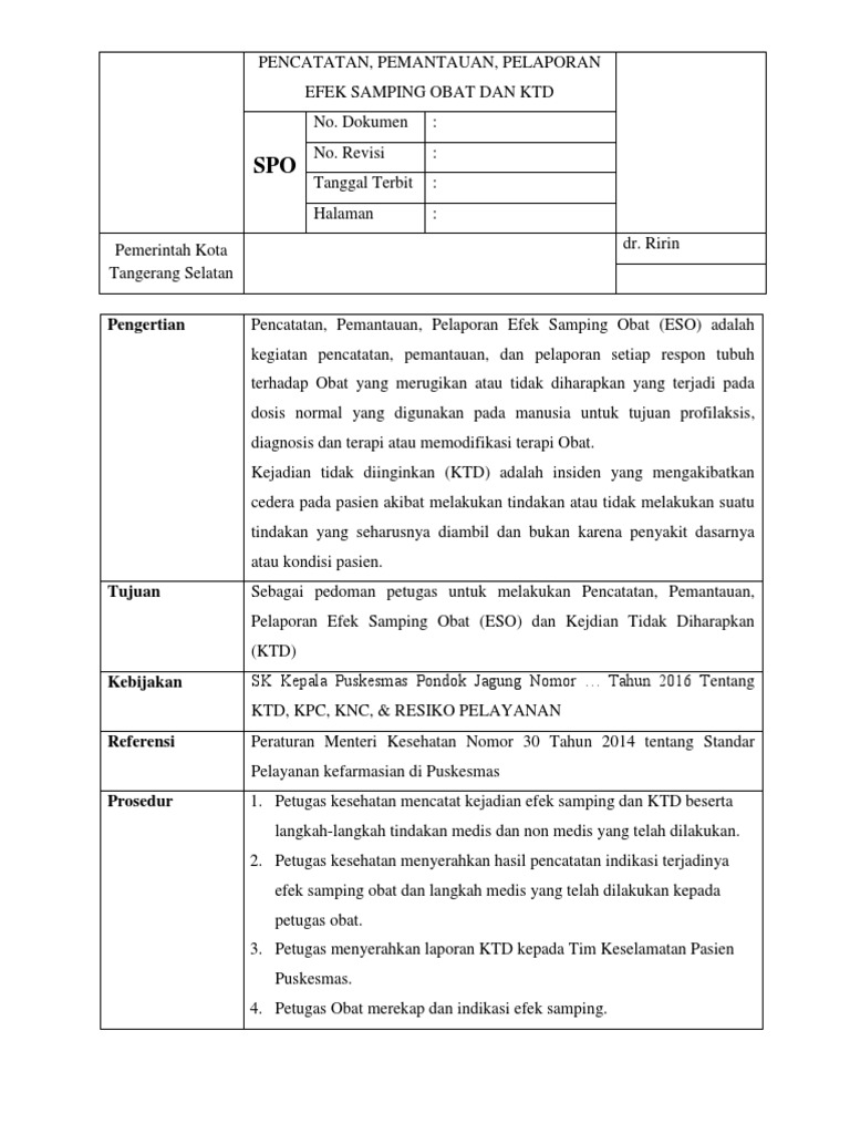 Spo Pencatatan Pemantauan Pelaporan Efek Samping Obat Dan KTD | PDF