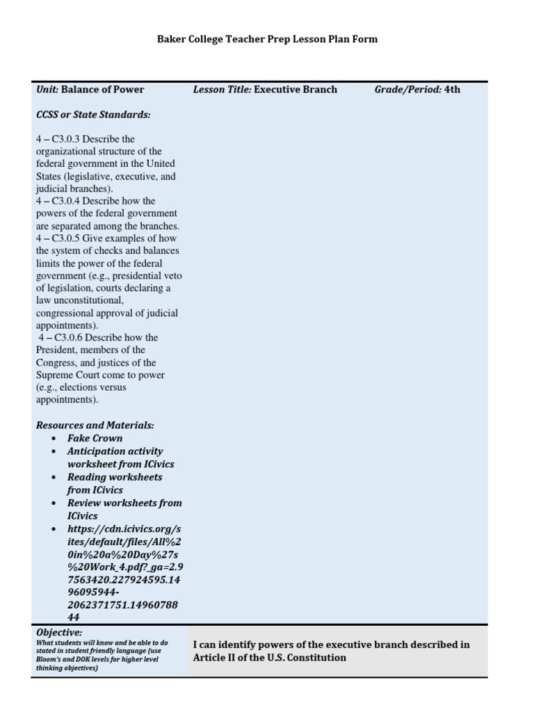Executive Branch Lesson Plan | PDF | Federal Government Of The United ...