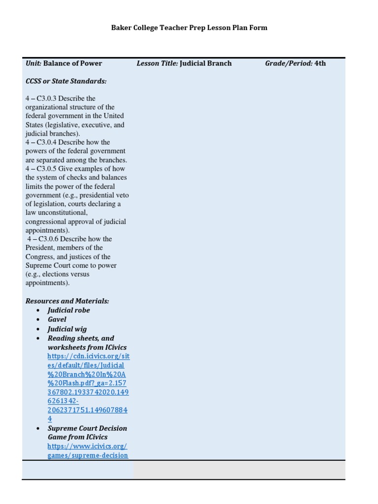 Judicial Branch Lesson Plan for Grade 4 | PDF | Judiciaries | Federal ...