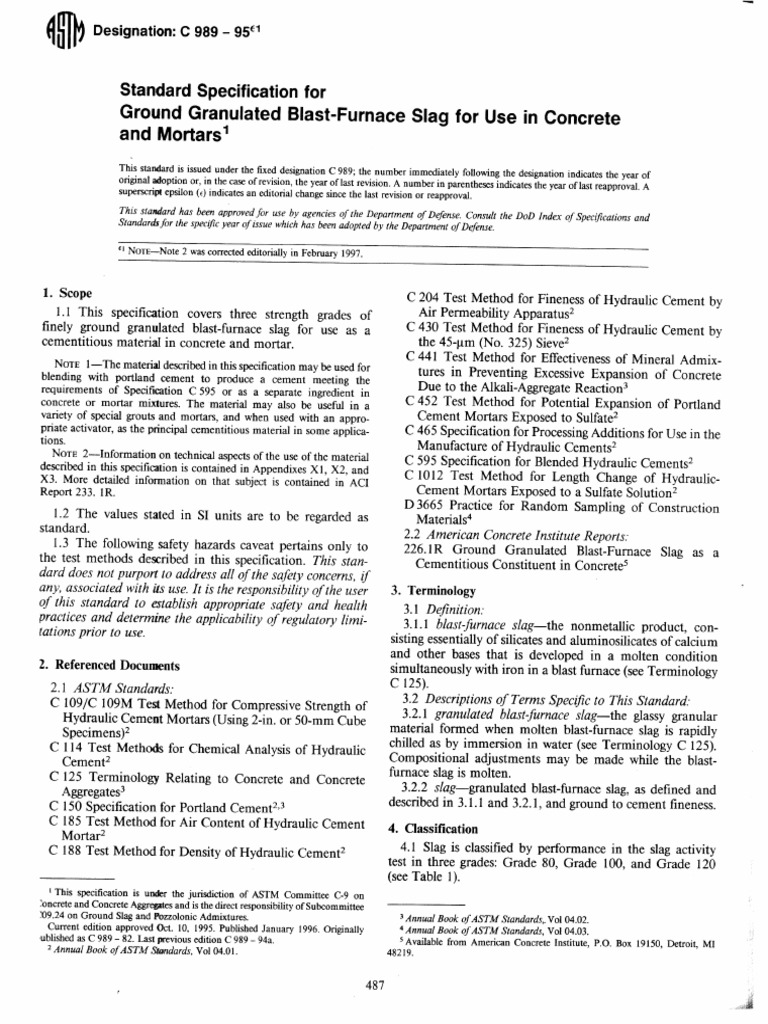 ASTM C989 - Regulación Escoria Cemento, Concreto Y Agragados PDF | PDF