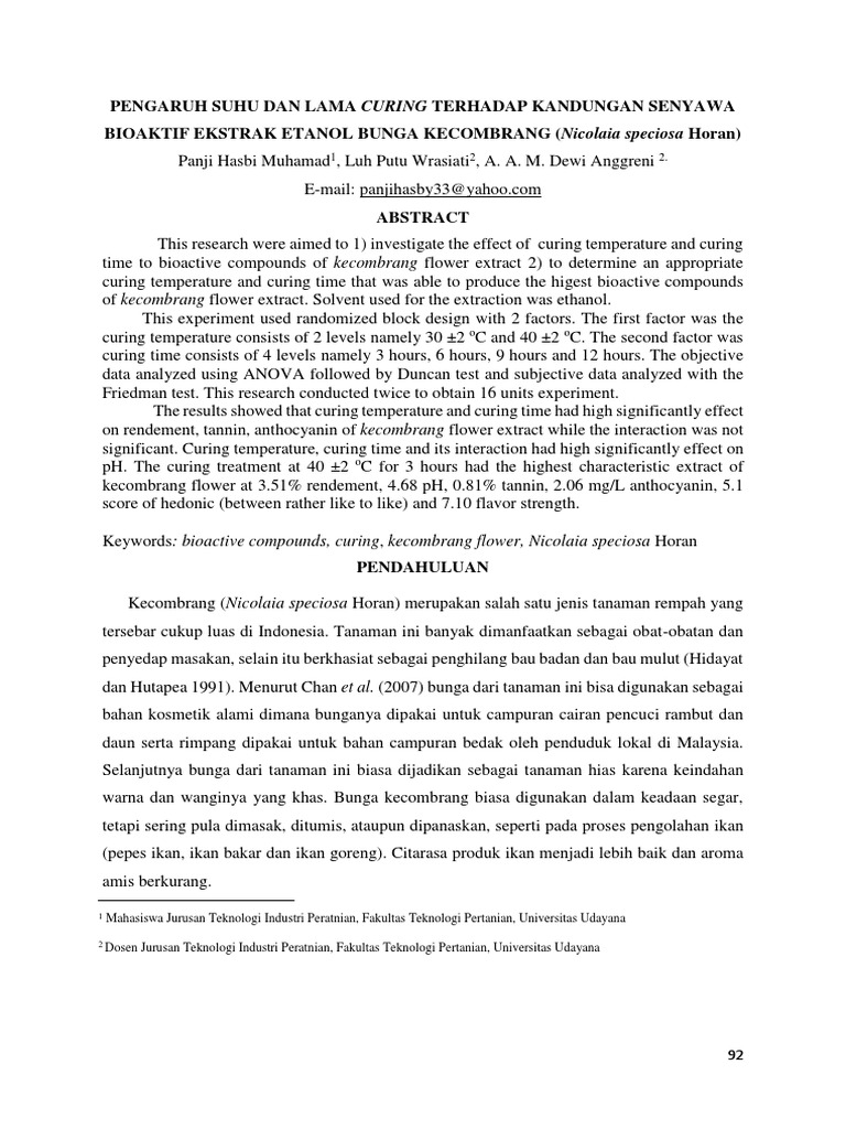 PENGARUH SUHU DAN LAMA CURING TERHADAP SENYAWA BIOAKTIF EKSTRAK BUNGA ...