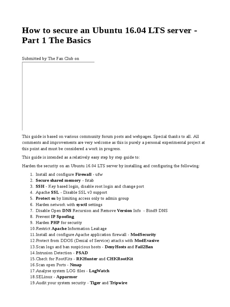 How To Secure An Ubuntu 16.04 LTS Server - Part 1 The Basics | PDF | Secure Shell | Superuser