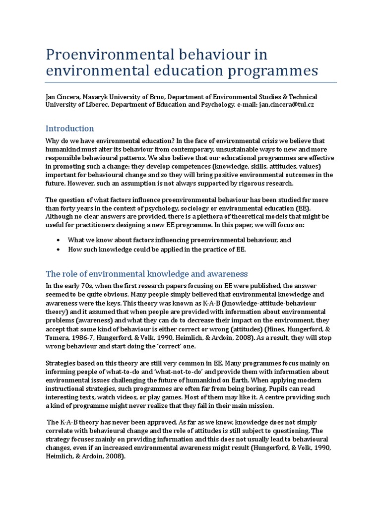 Proenvironmental Behaviour in Environmental Education Programmes | PDF ...