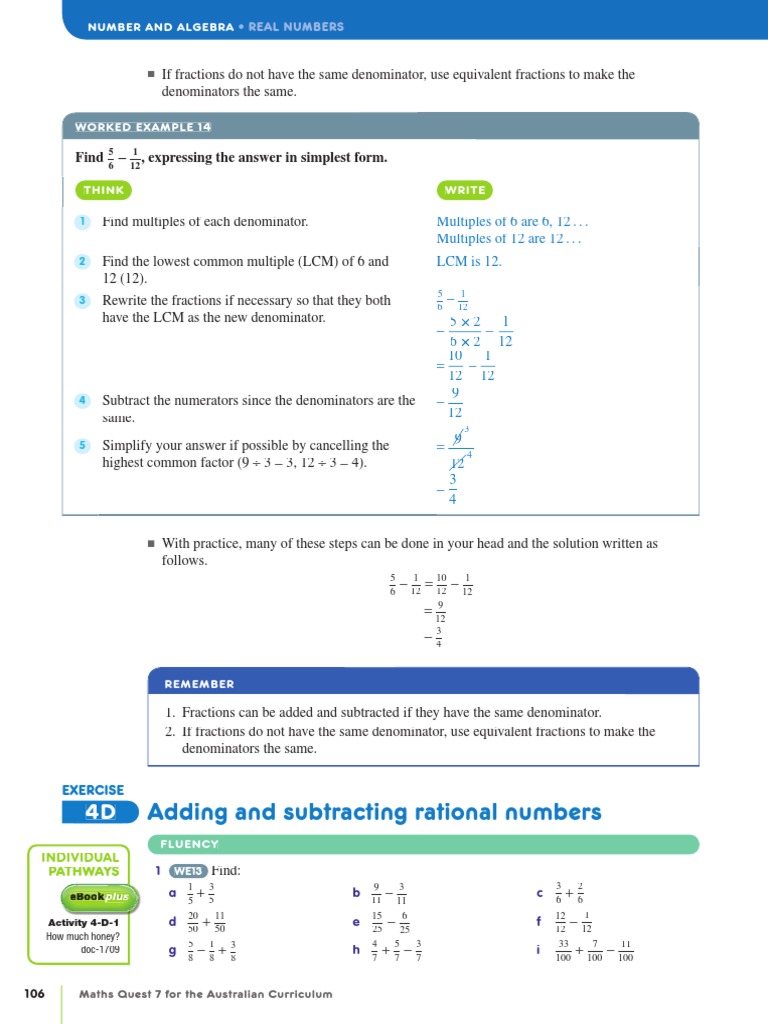 Adding and Subtracting Rational Numbers: Find - , Expressing The Answer ...
