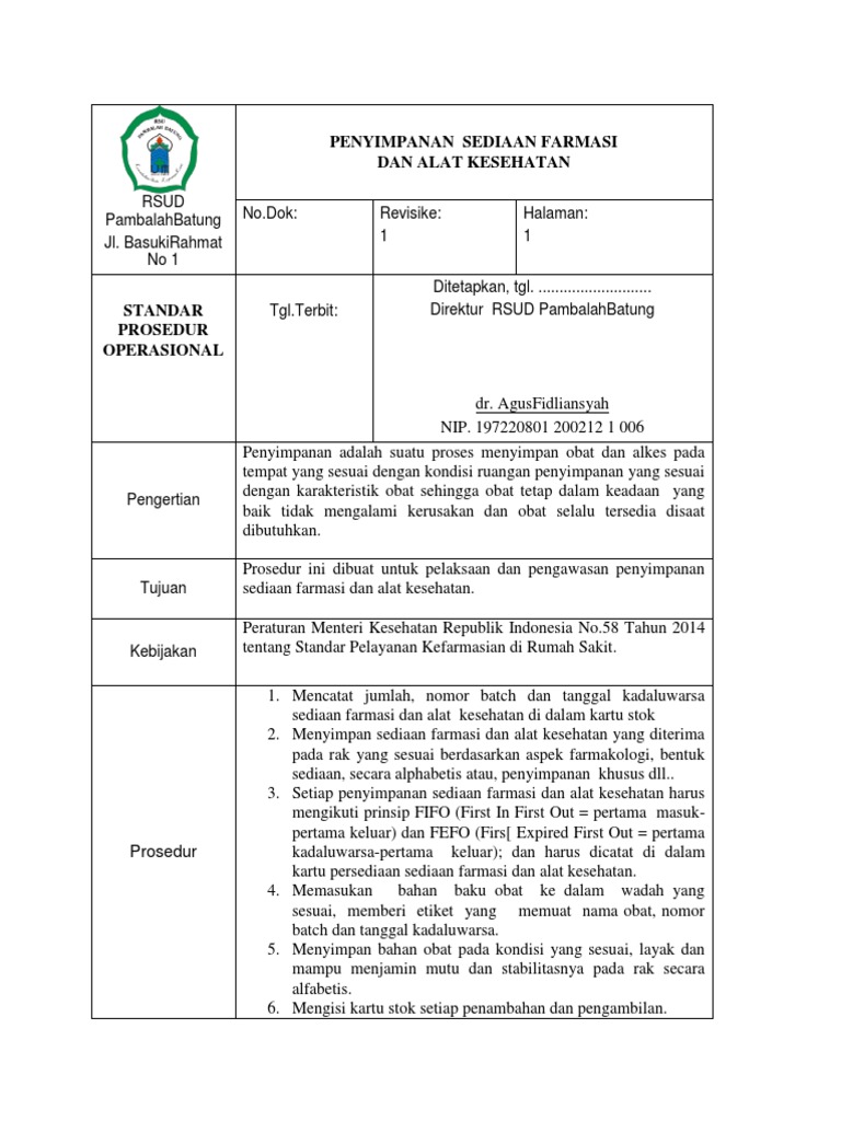 Sop Penyimpanan Sediaan Farmasi Dan Alat Kesehatan Pdf