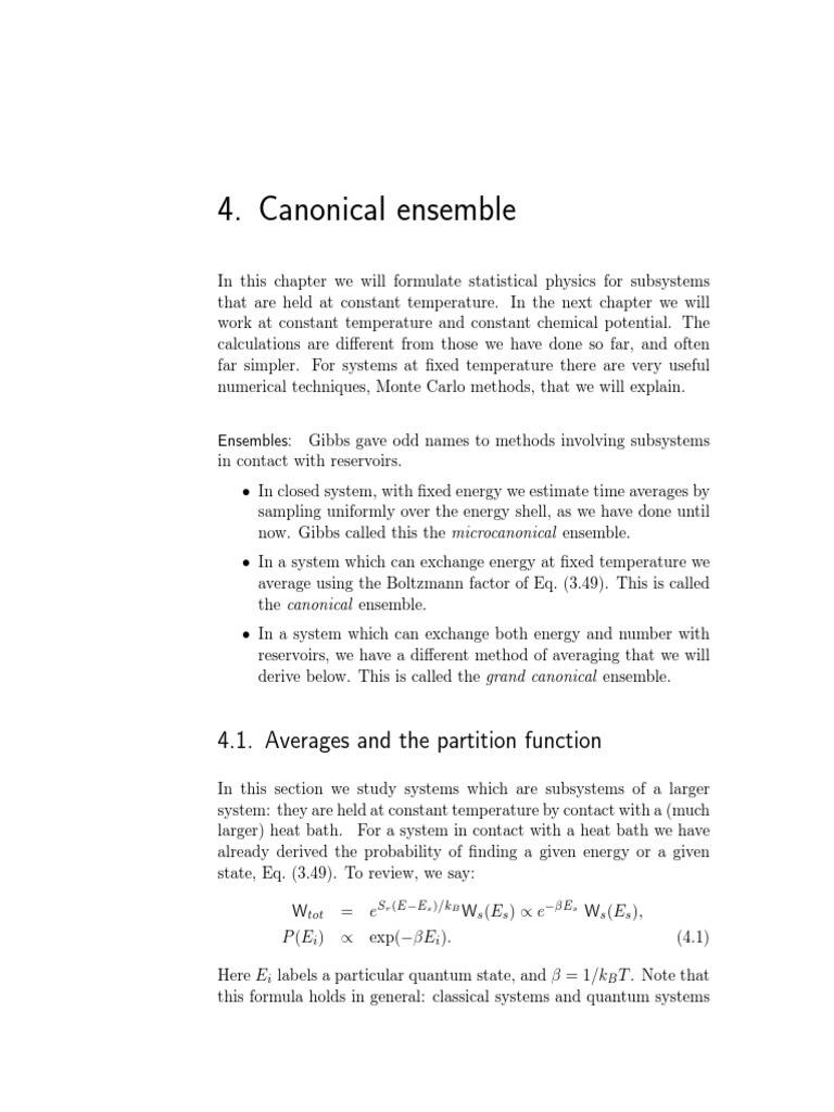 Canonical Ensemble: 4.1. Averages and The Partition Function | PDF ...